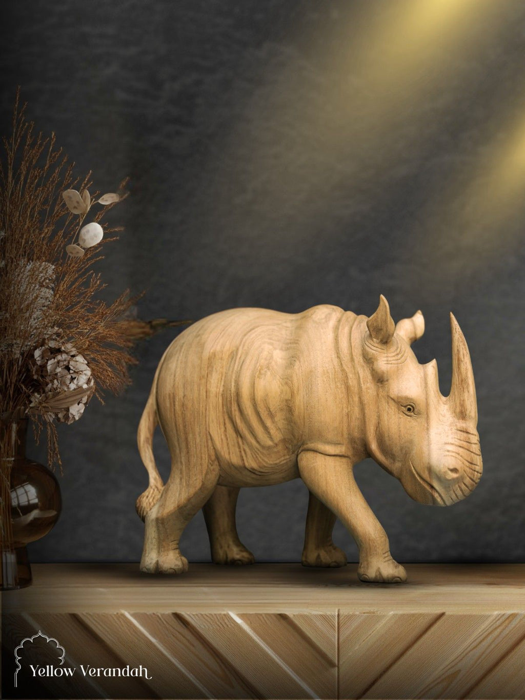 Wooden Rhino Decor Sculpture – Yellow Verandah